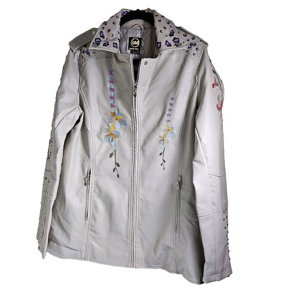 Ameri Mode | Jackets & Coats | Ameri Mode Faux Leather Jacket Cream With Studs Embroidered ...